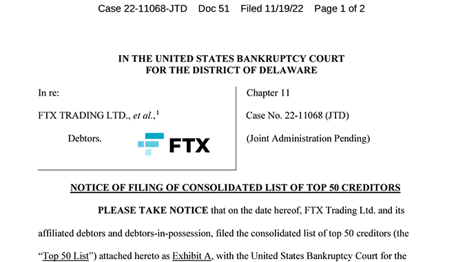 FTX im Insolvenzverfahren: 3,1 Milliarden US-Dollar Schulden bei 50 ...